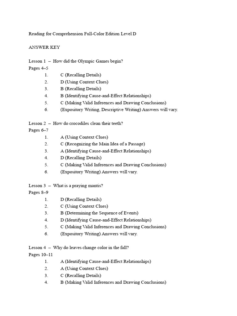 Answer Key Reading For Comprehension Full - Color Edition Level D | PDF | Inference | Causality