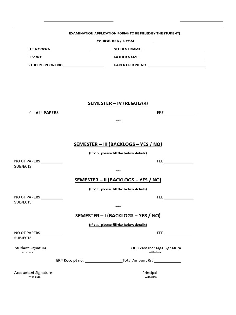 Exam Application Form For Sem Iv Regular & Backlogs | PDF