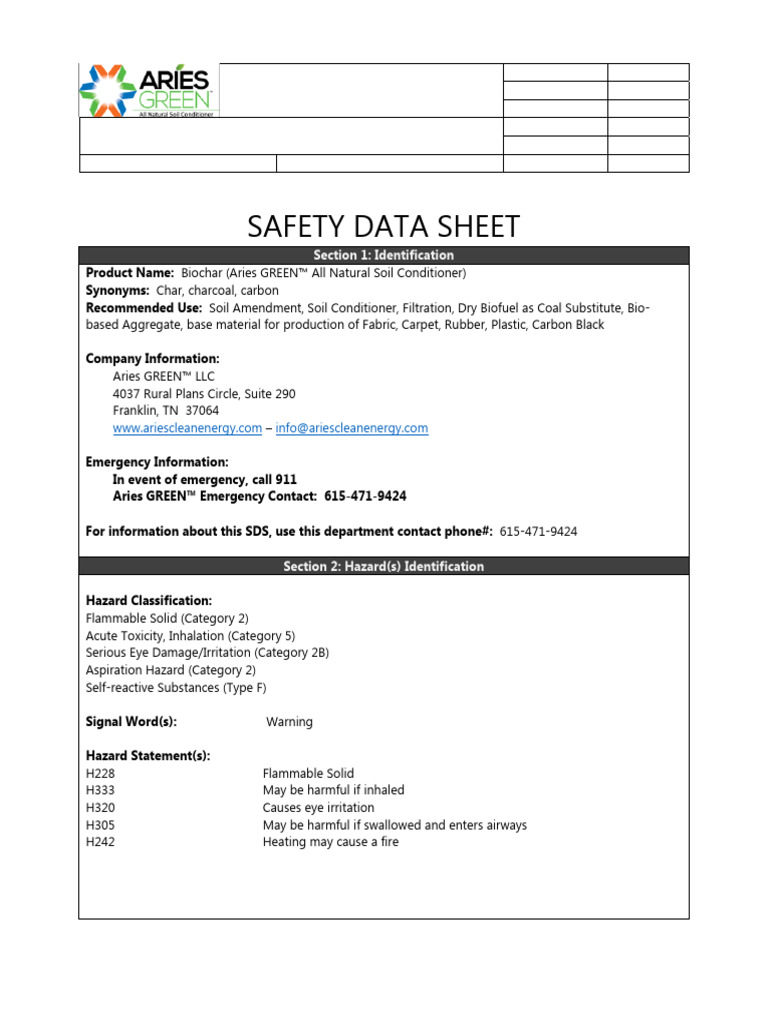 Aries GREENE284A2 Biochar Safety Data Sheet | PDF | Personal Protective Equipment | Toxicity