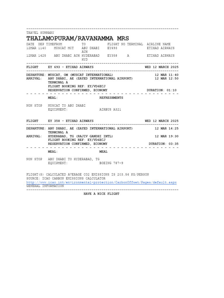 Etihad Airways Flight Itinerary: Muscat to Hyderabad | PDF