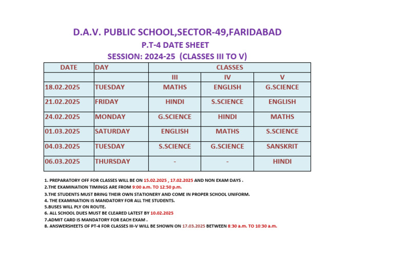 P.T-4 Exam Date Sheet for Classes III-V | PDF