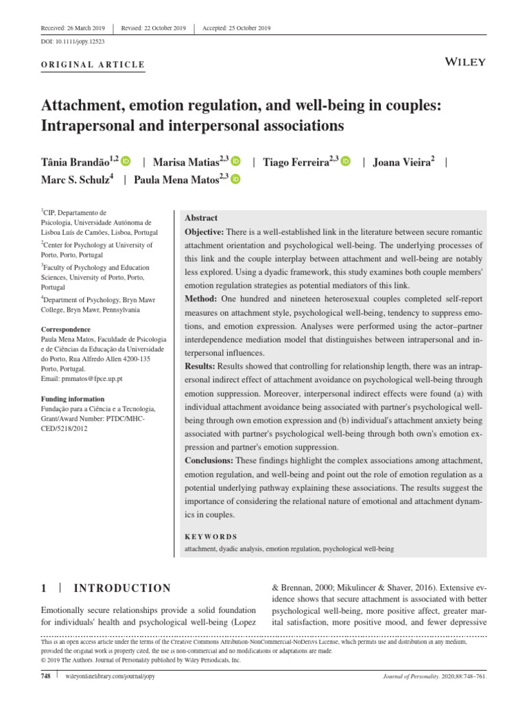Attachment, Emotion Regulation, and Well-Being in Couples | PDF ...