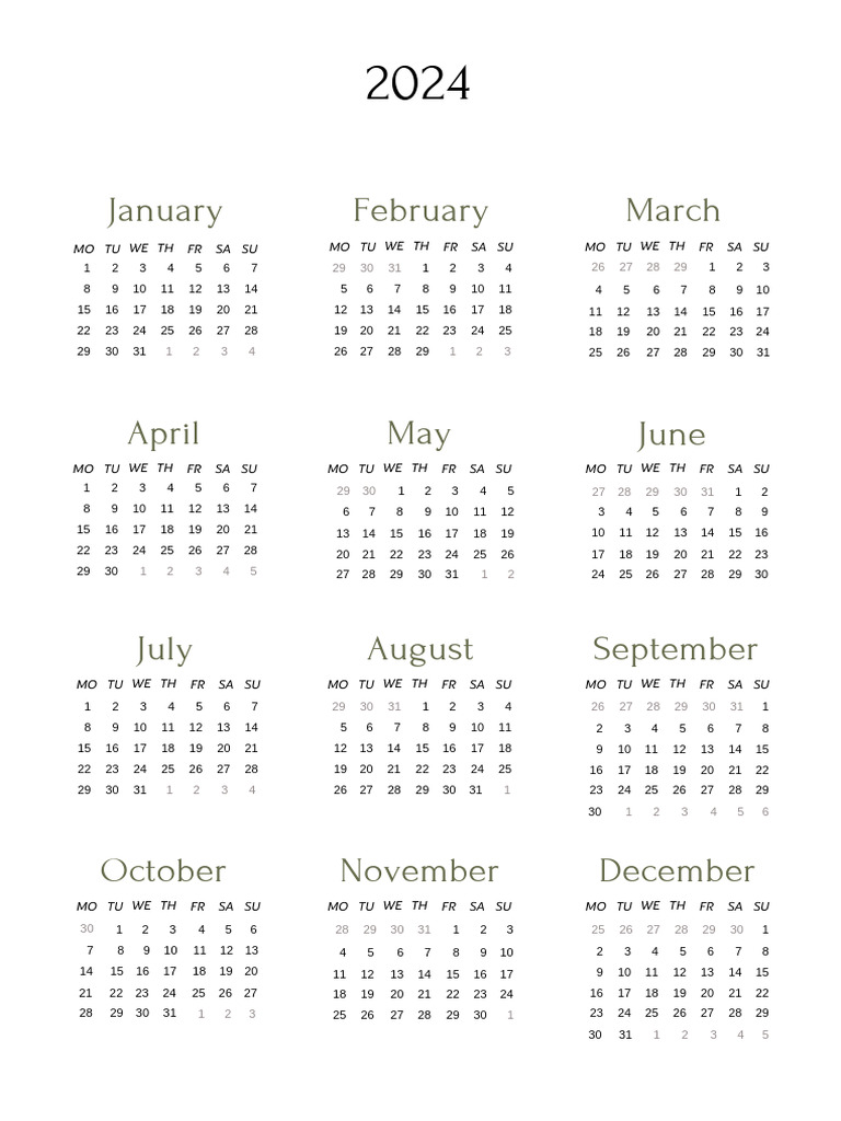 Grey Neutral Elegance Modern 2024 Start On Monday Calendar Document | PDF