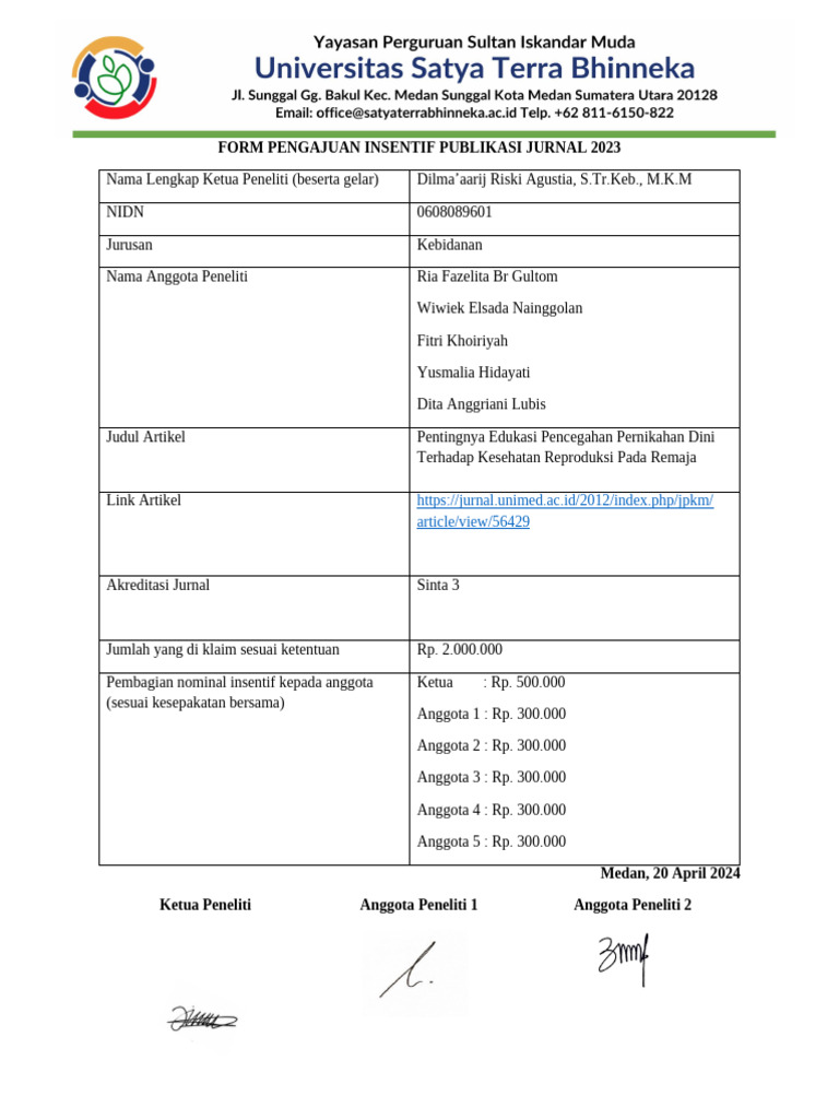 Form Pengajuan Insentif Publikasi Jurnal 2024 - Dilma - PKM | PDF