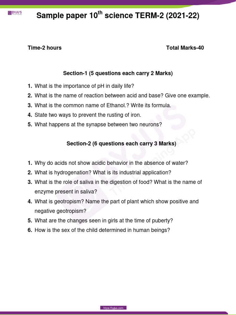 10th Science Term-2 Sample Paper 2021-22 | PDF