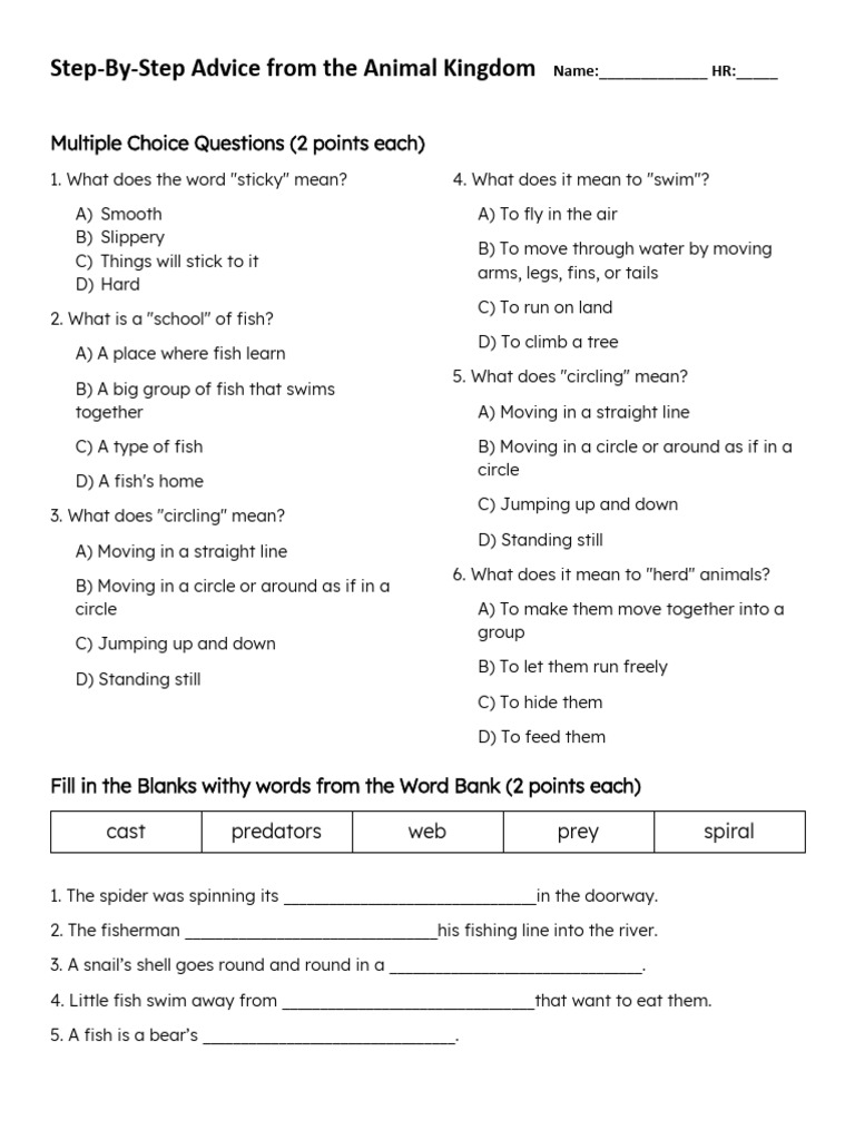 Animal Kingdom Vocabulary Quiz | PDF | Predation | Fish