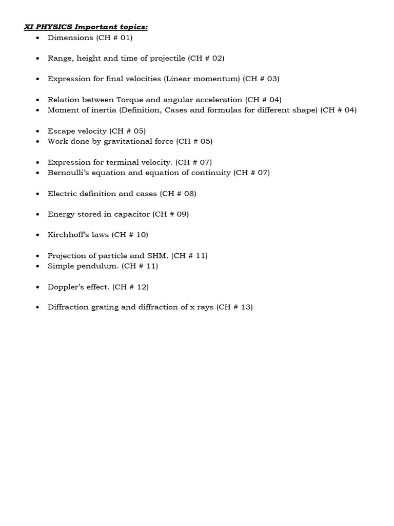 XI Phy Important Topics | PDF