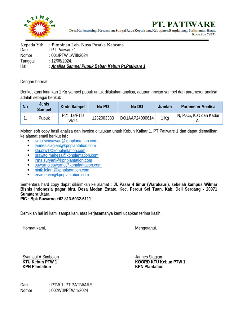 Template Surat Pengantar Sampel Pupuk | PDF