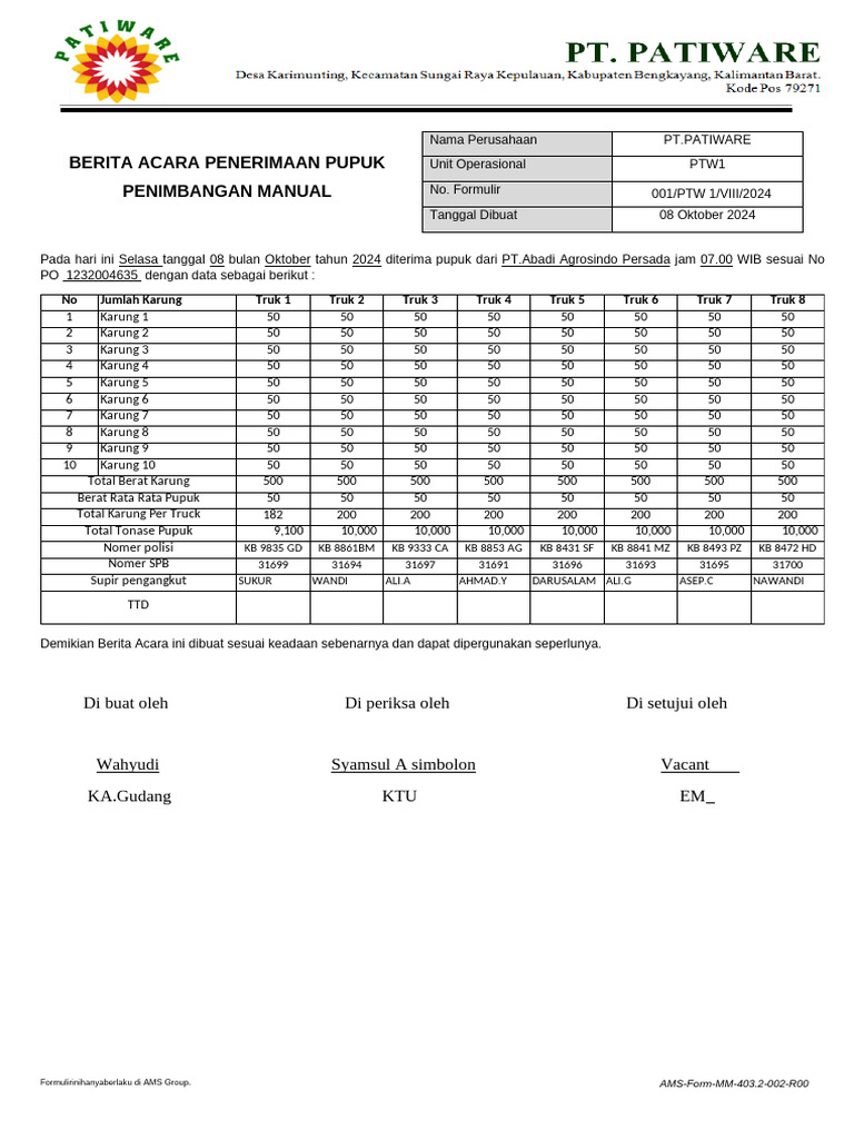 AMS-Form-MM-403.2-002-R00 Berita Acara Penerimaan Pupuk | PDF