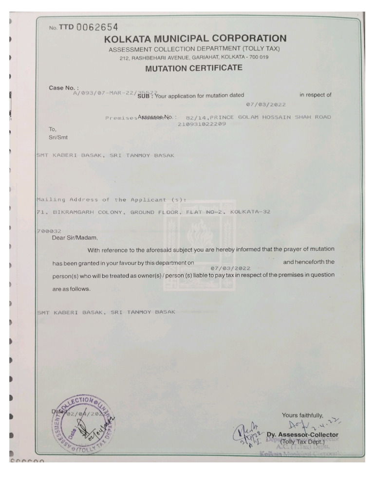 Tanmoy da mutation certificate | PDF