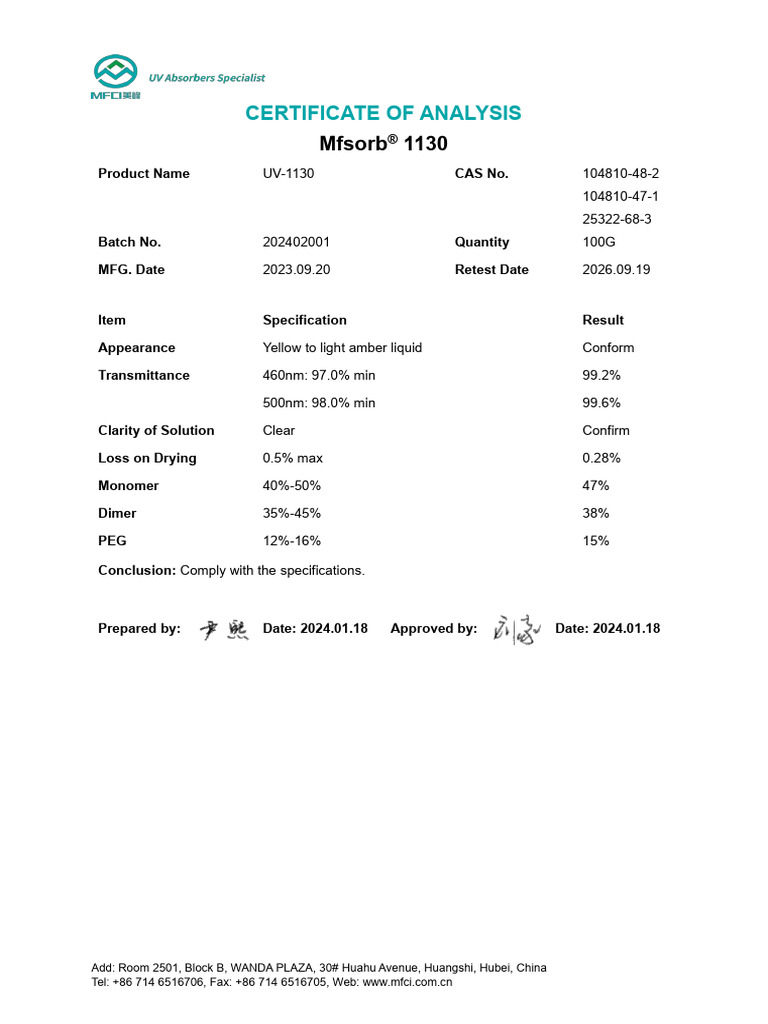 COA - UV-1130 - ES - 202402001 - EN - Stand by | PDF