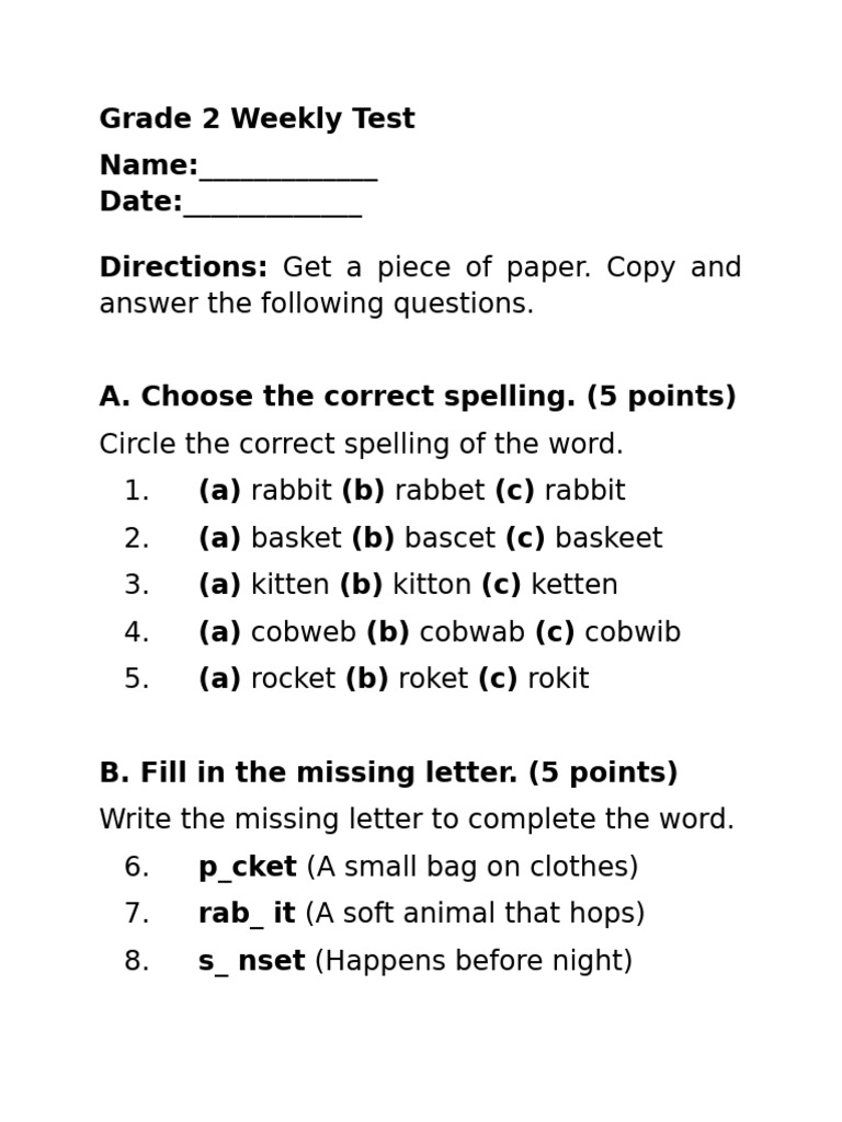Grade 2 Weekly English Test | PDF