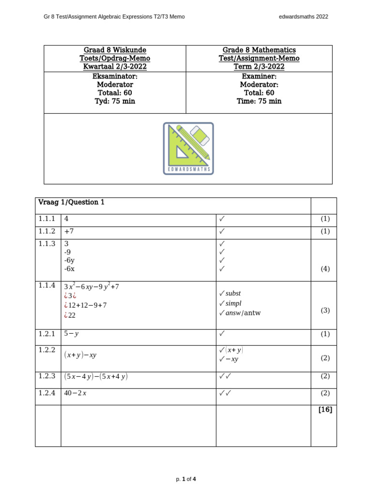 GR 8 Edwardsmaths Test or Assignment Algebraic Expressions T2&T3 2022 ...