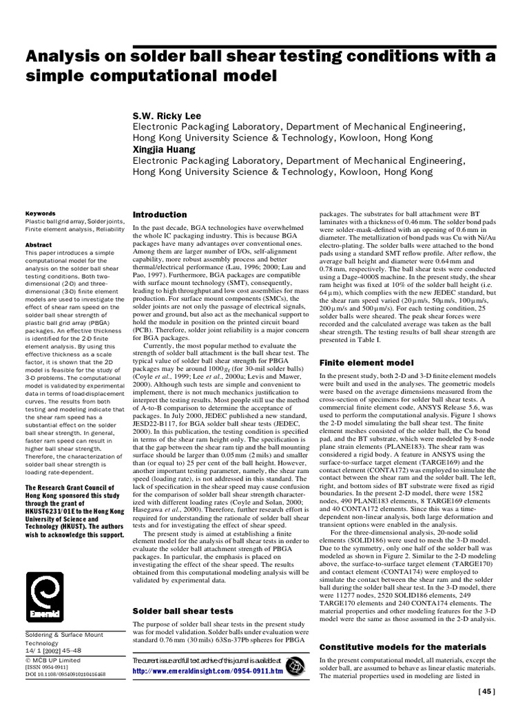 Analysis On Solder Ball Shear Testing Conditions With A Simple ...