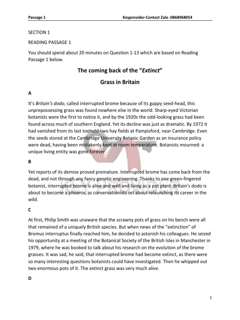 27 Passage 1 - The coming back of the Extinct - Grass in Britain Q1-13 ...