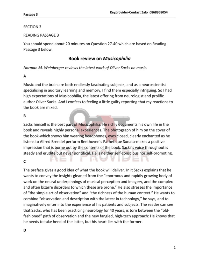 27 Passage 3 - Book Review On Musicophilia Q27-40 | PDF | Neurology ...