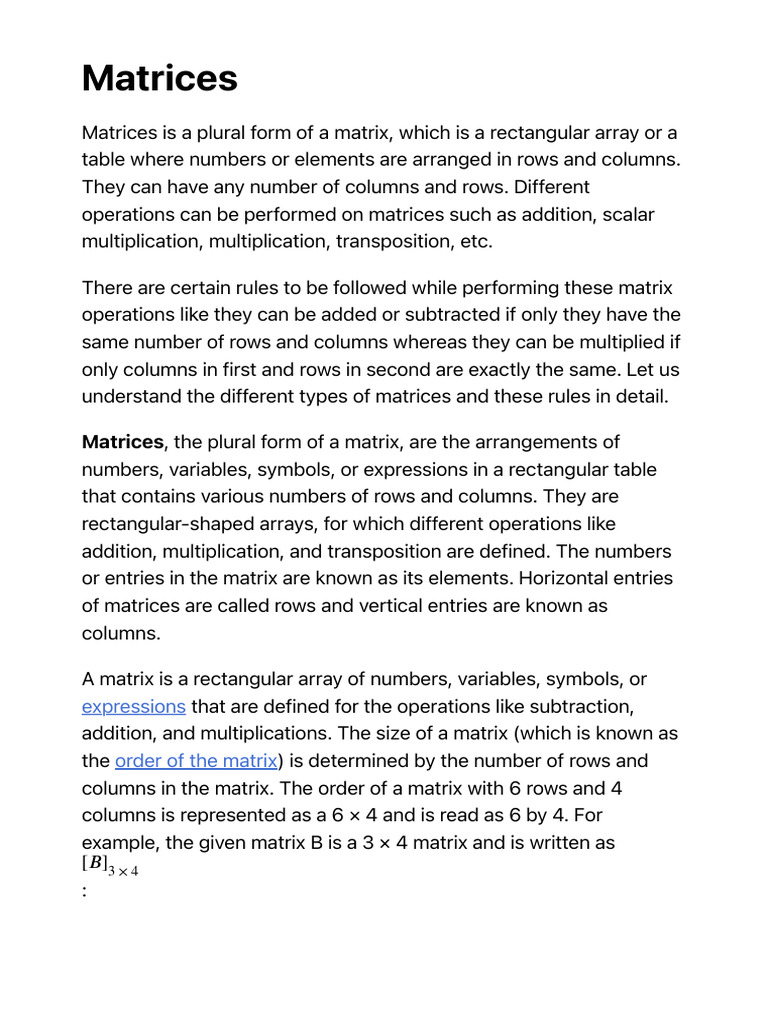 Matrices - Solve, Types, Meaning, Examples | Matrix Definition | PDF ...