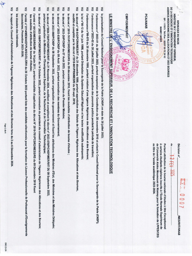 Décision N°0007-MES-RIT-ANAB Du 12 Fév. 2025 (Attribution BN À Titre Exceptionnel ENS 2023-2024 ...