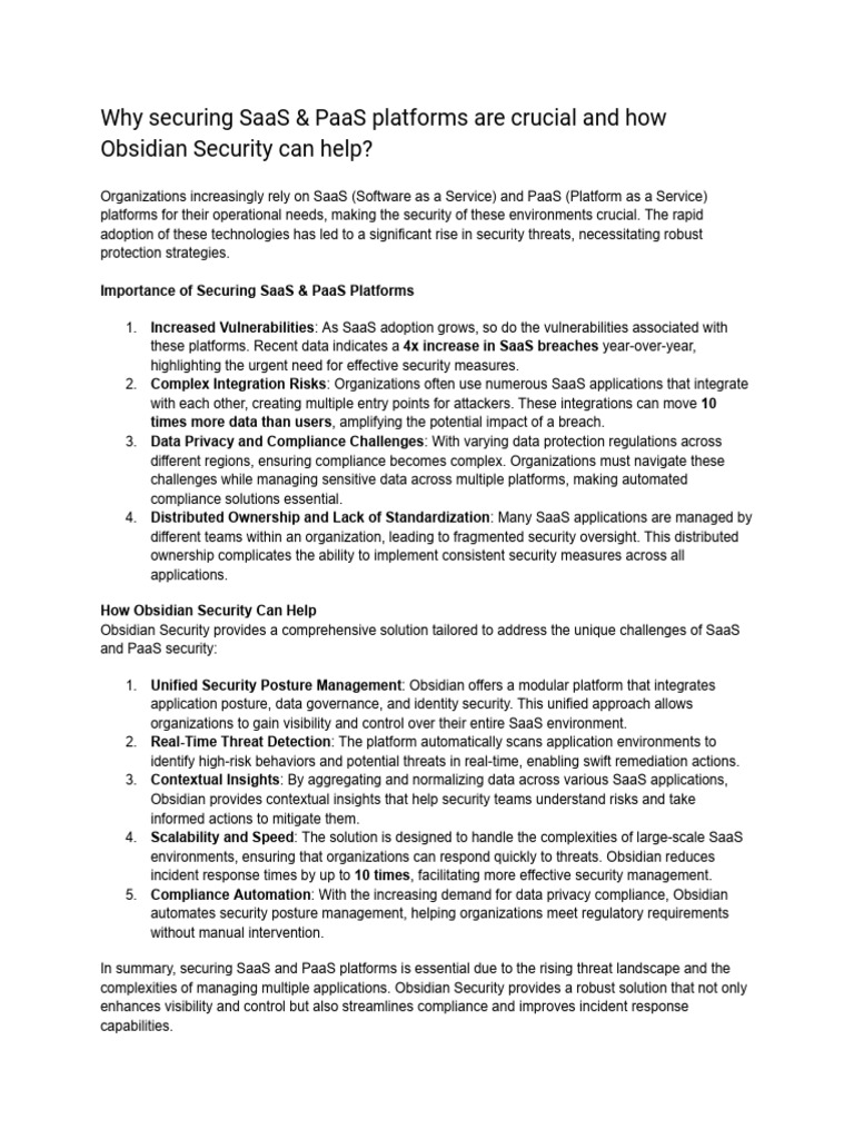 Securing SaaS: Obsidian's Comprehensive Approach | PDF | Computer ...