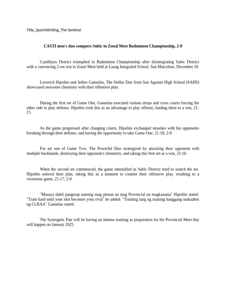 CASTI Men's Duo Conquers Subic in Zonal Meet Badminton Championship, 2-0 - SportsWriting ...