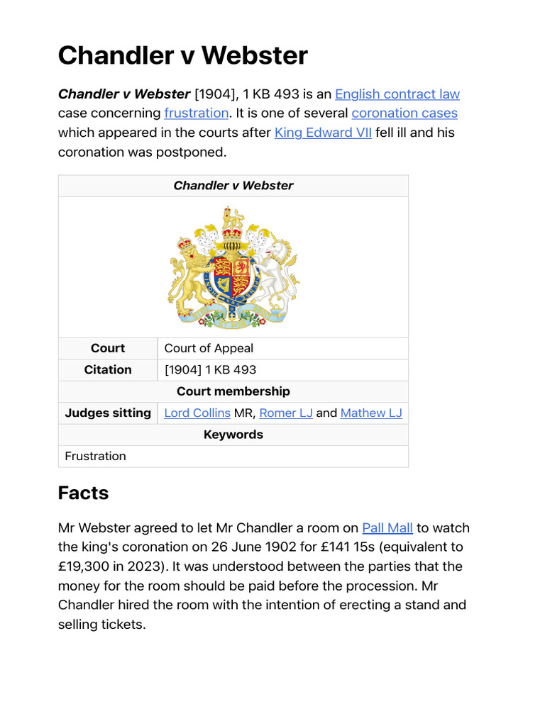 Chandler v Webster: Frustration Case Summary | PDF