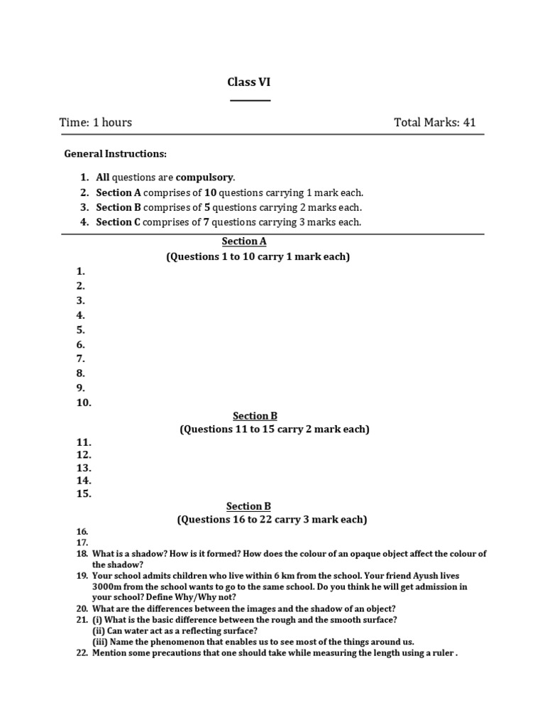Class VI Science Exam Paper Guide | PDF