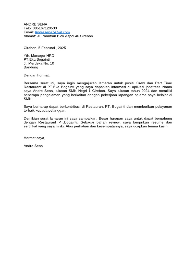 ANDRE SENa.surat Lamaran | PDF