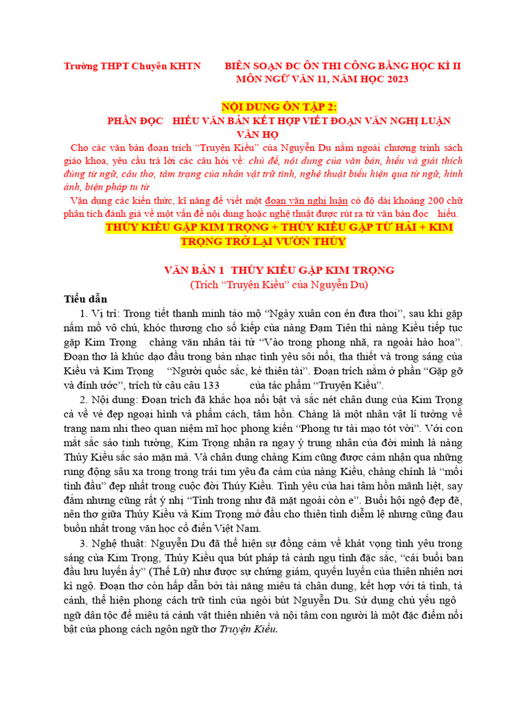 Tài liệu 2. Ba VB ngoài sgk là Thúy Kiều gặp Kim Trọng + Thúy Kiều gặp Từ Hải + Kim Trọng trở ...