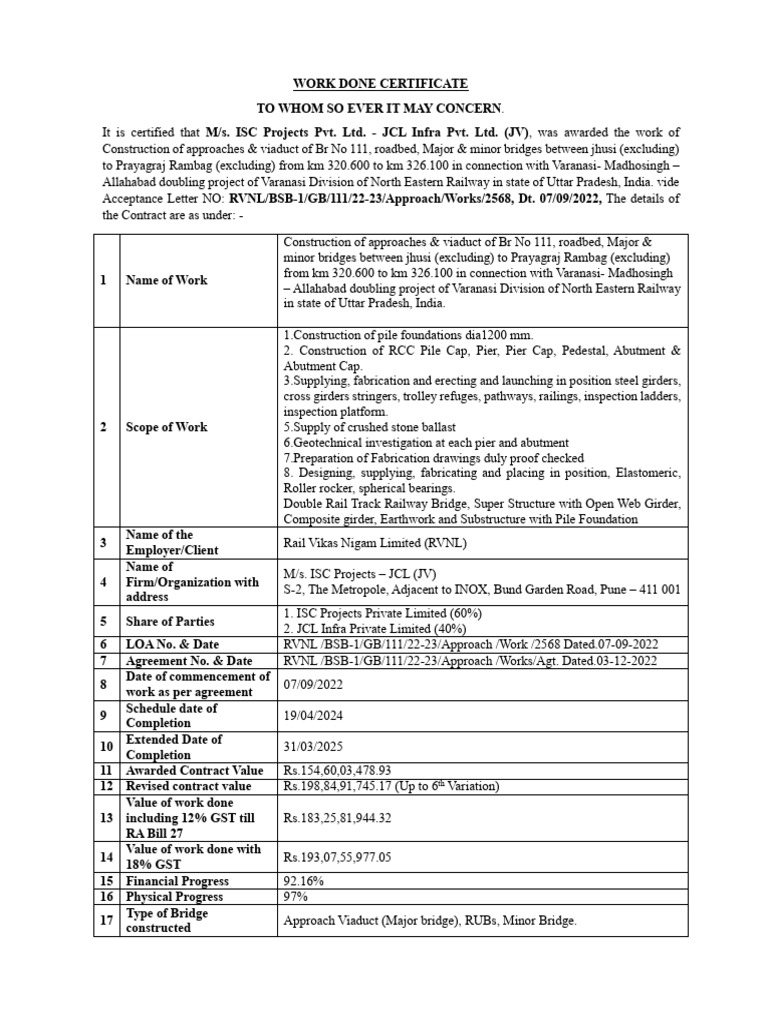 JCL ISC Experience Certificate | PDF | Civil Engineering | Transport ...