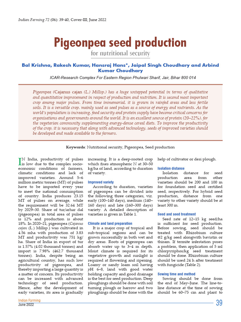 Artical-Seed Production of Pigeon Pea | PDF | Legume | Seed