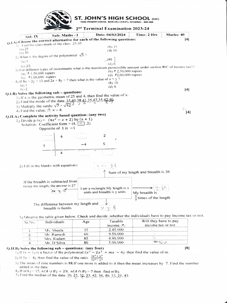 SSC-Maths 1-2nd Terminal-2023-24 | PDF | Mathematics