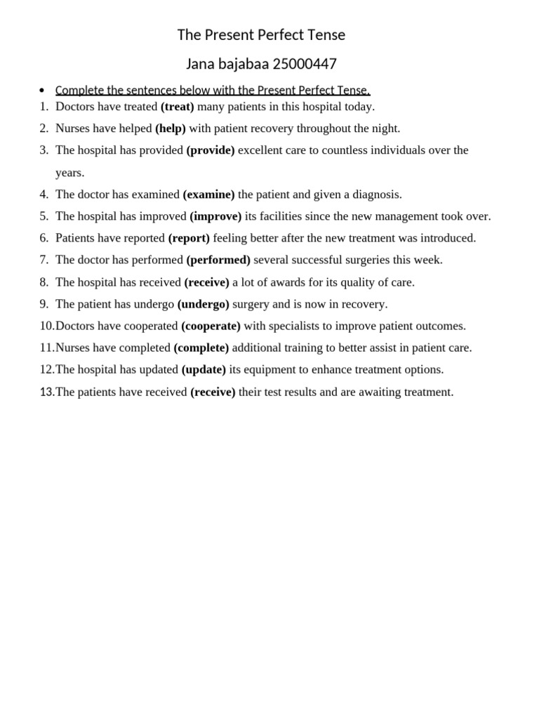 Hospital Care in Present Perfect Tense | PDF