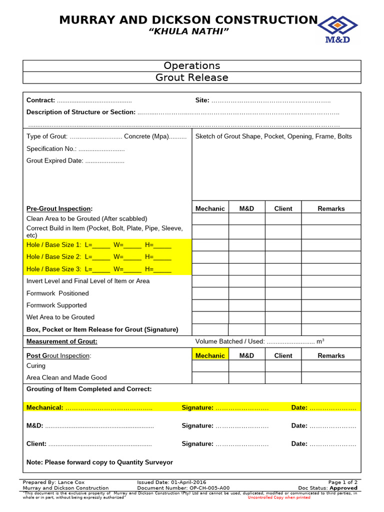 OP-CH-005-A00 Grout Release | PDF | Civil Engineering | Building Materials