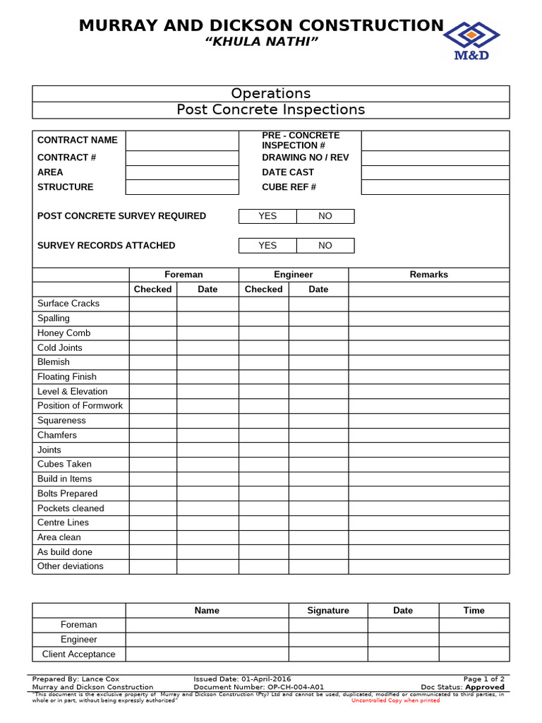 OP-CH-004-A01 Post Concrete Inspections | PDF | Structural Engineering ...