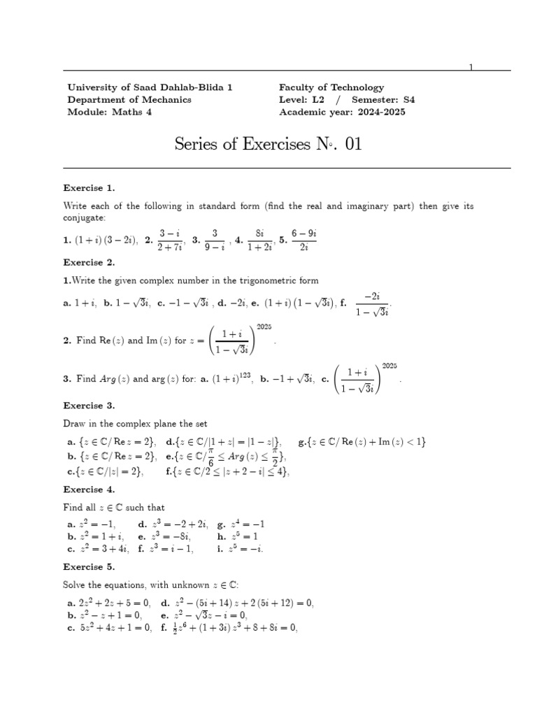 Complex Numbers Exercises L2 S4 | PDF