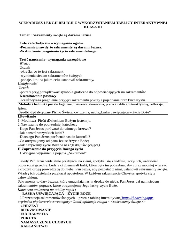 Scenariusz Lekcji Religii z Wykorzystaniem Tablicy Interaktywnej Klasa III | PDF