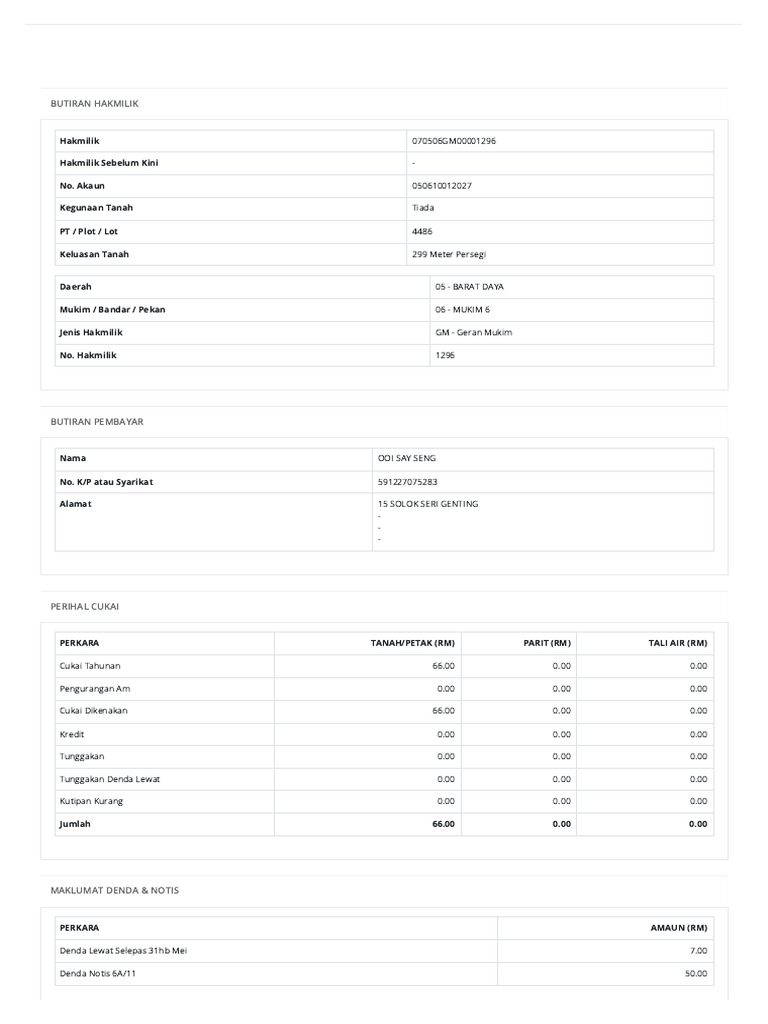 Bil Cukai Tanah Penang 2025 | PDF