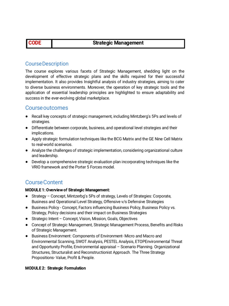 Strategic Management Syllabus | PDF | Strategic Management | Cognition