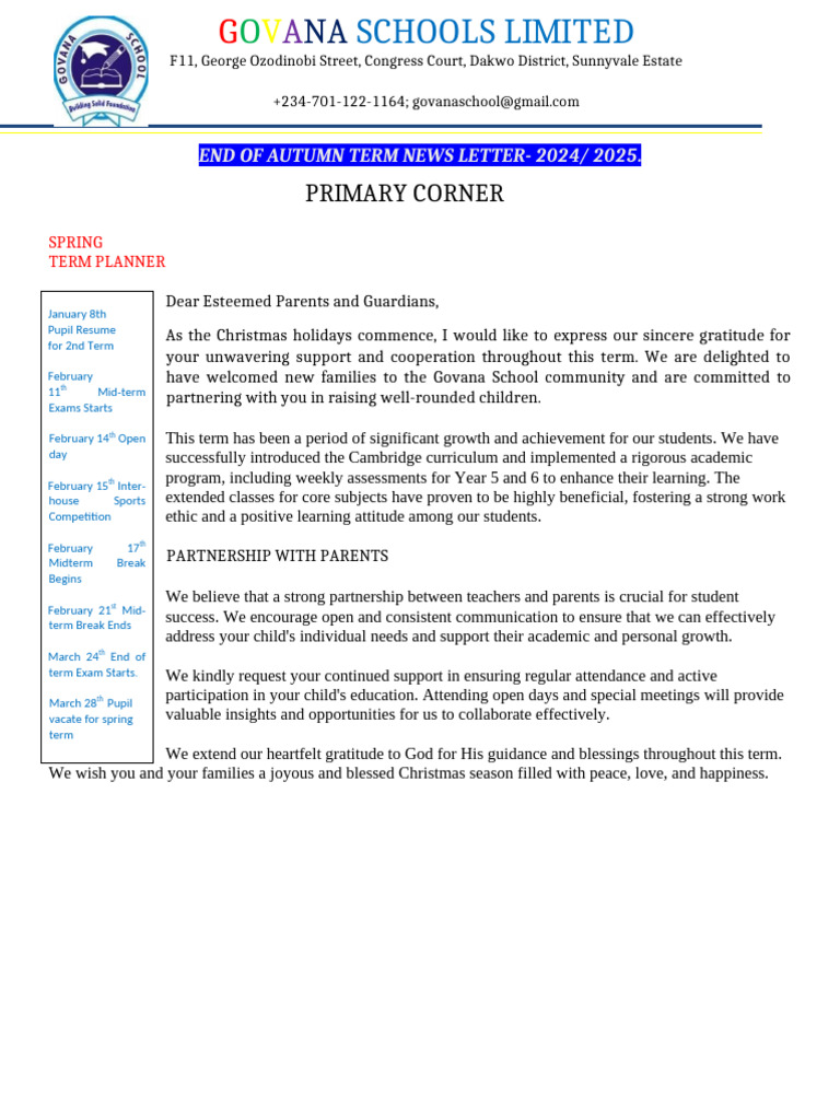 End of Term Newsletter to Parents | PDF | Learning | Psychology
