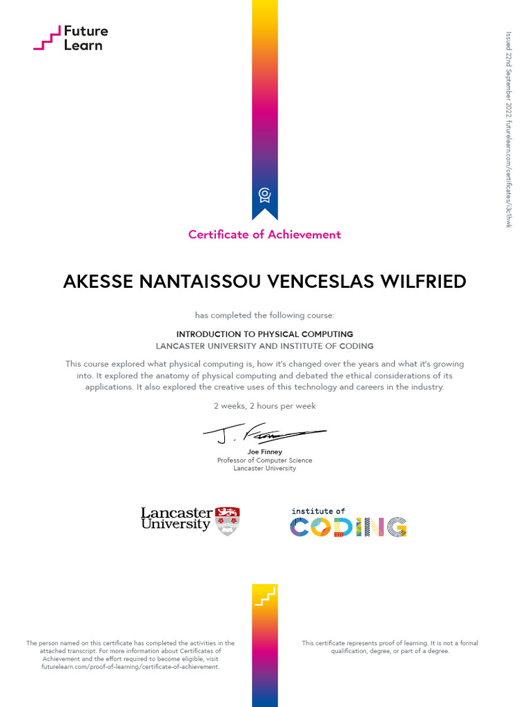 An Introduction To Physical Computing Certificate of Achievement ...