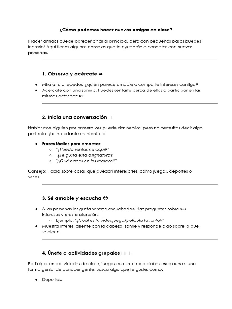 ¿Cómo Podemos Hacer Nuevos Amigos en Clase | PDF