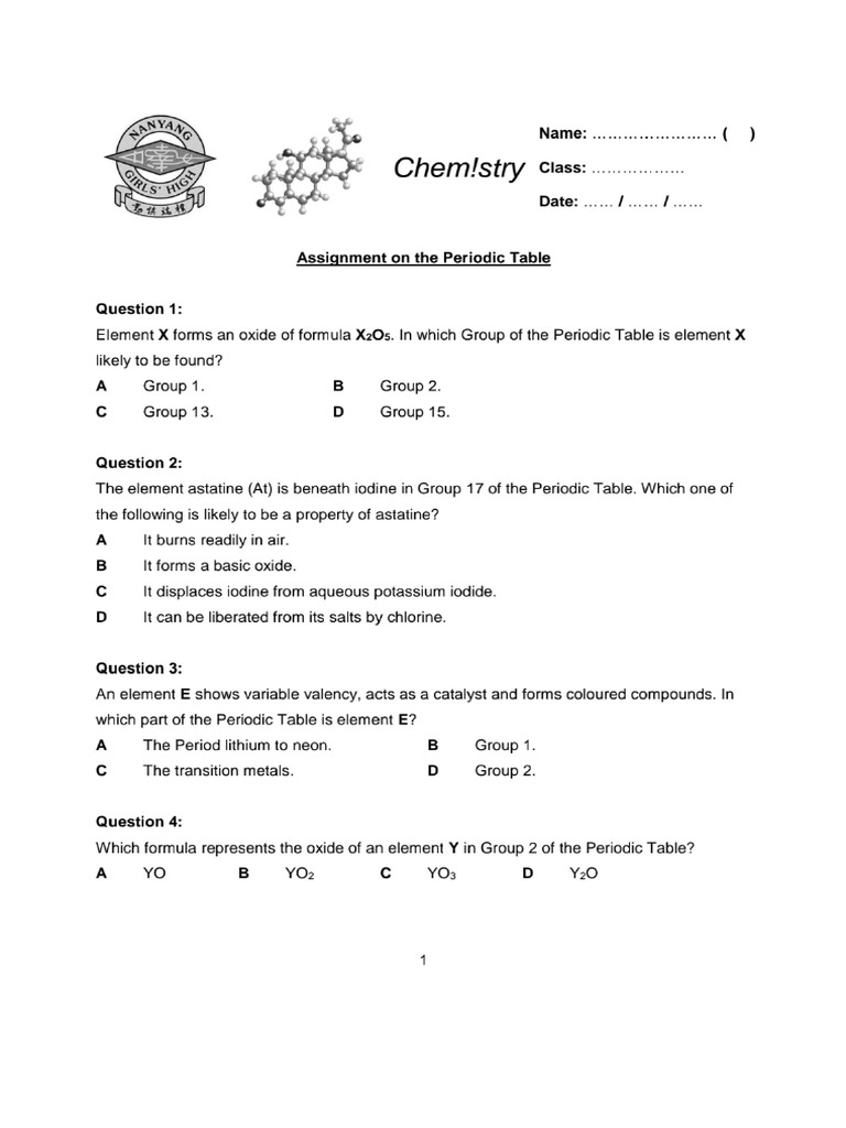 Periodic Table Worksheets 1 | PDF