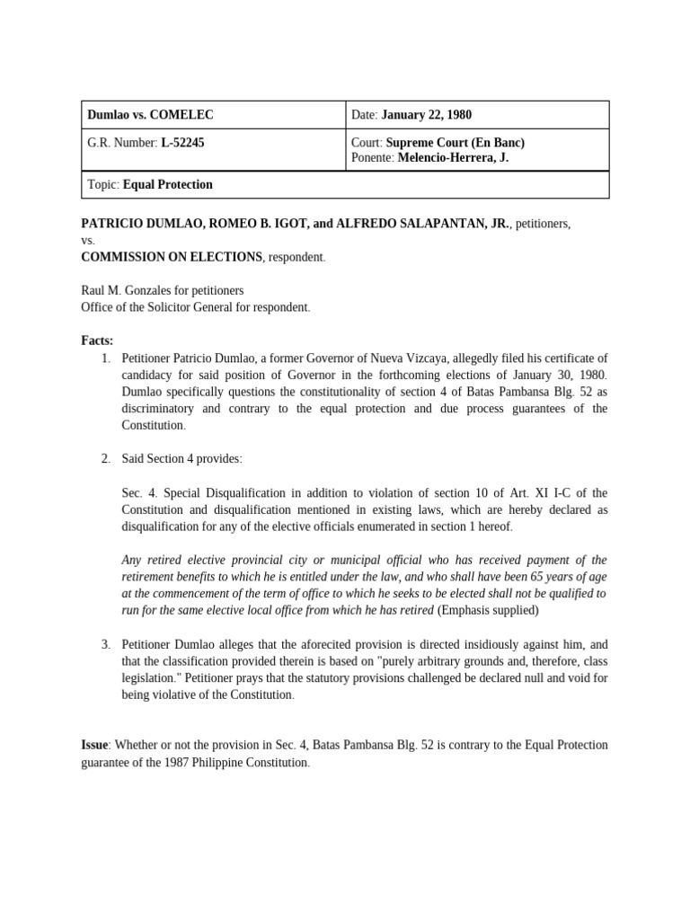 Dumlao vs. COMELEC: Equal Protection Case | PDF | Equal Protection ...