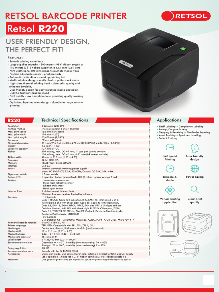 RETSOL R220 Desktop Barcode Printer | PDF