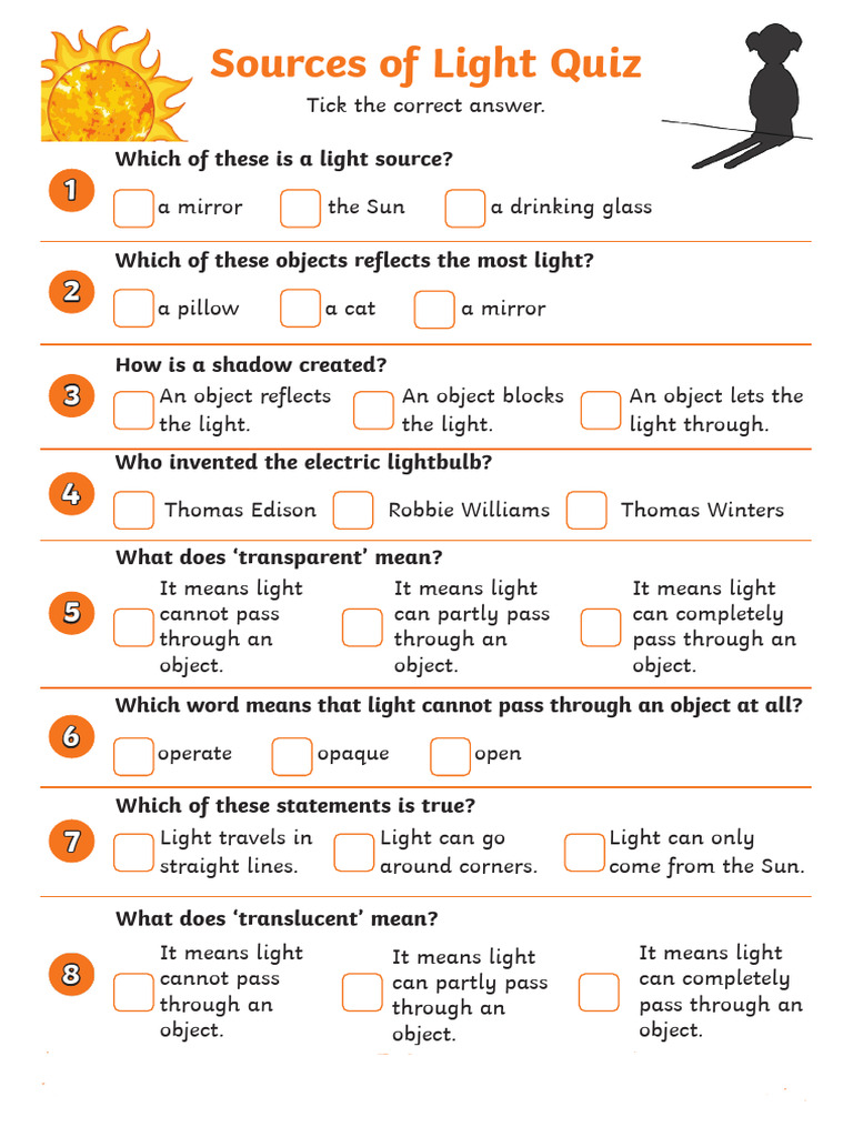 Sources of Light Quiz for Kids | PDF | Light | Shadow