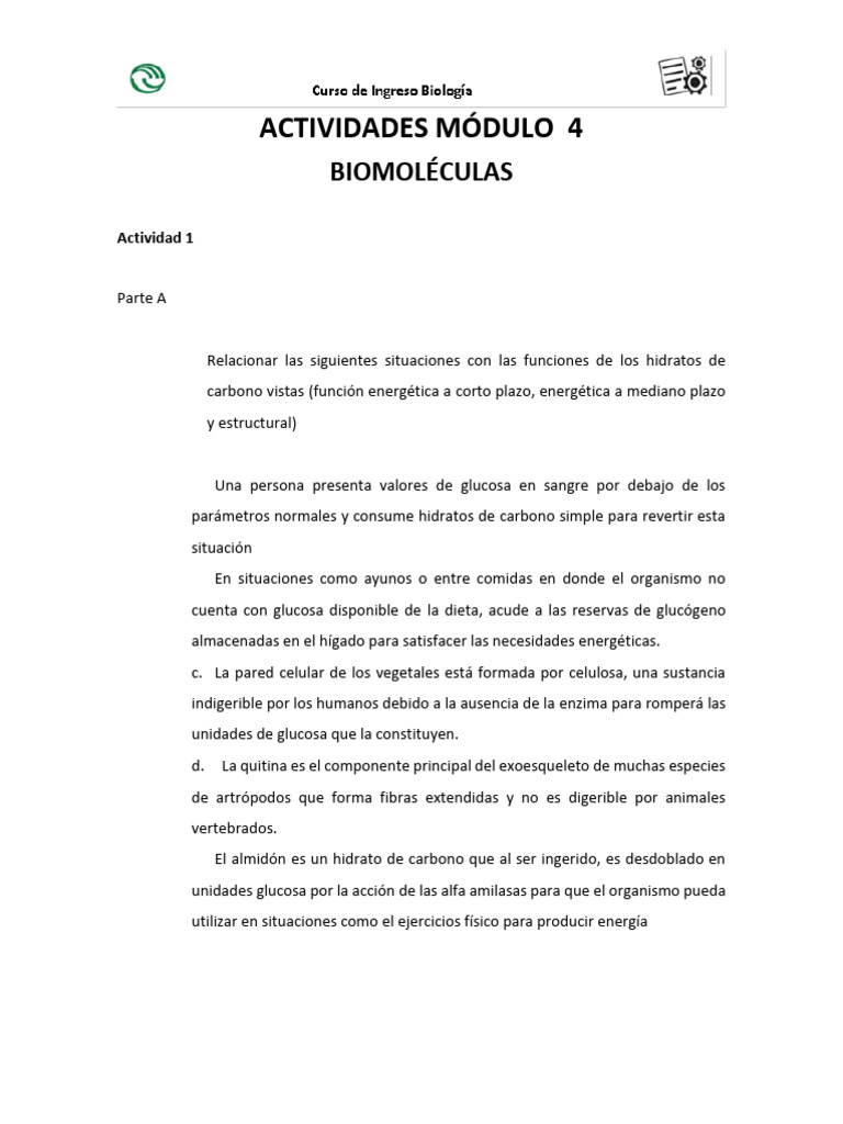 ACTIVIDADES-MODULO-4-BIOMOLECULAS (1) | PDF | Proteínas | Carbohidratos