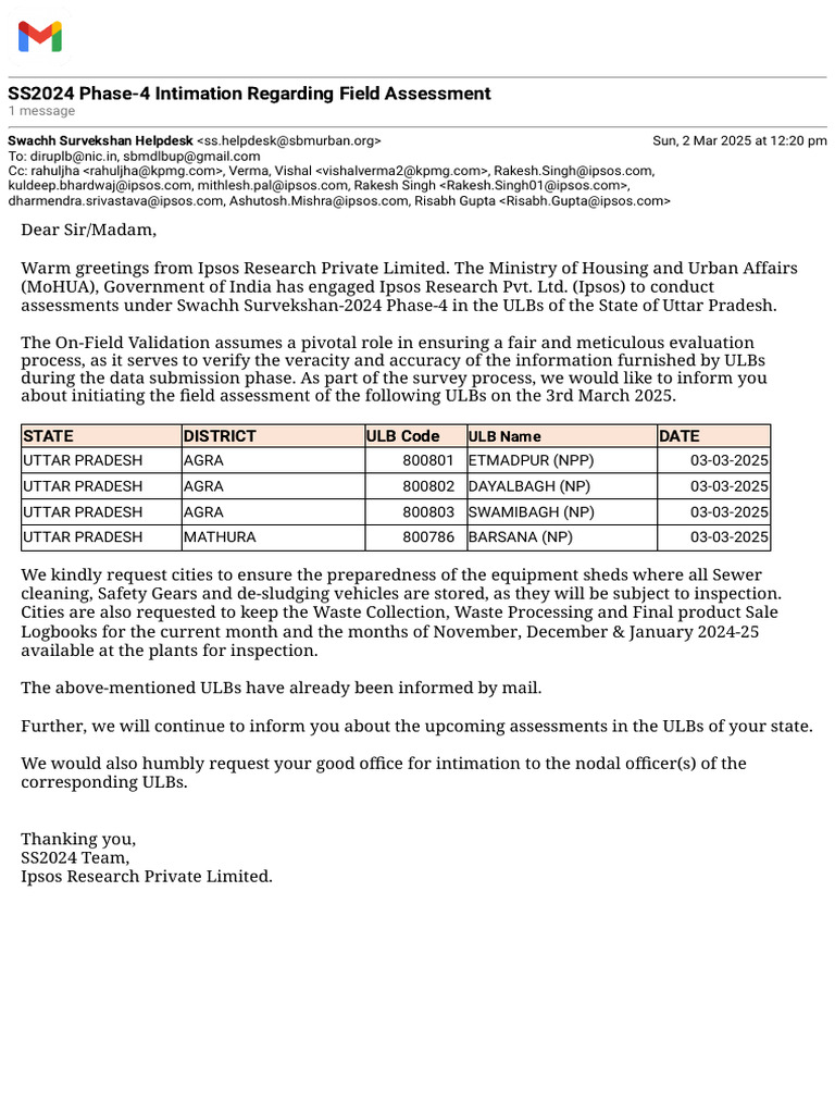 Gmail - SS2024 Phase-4 Intimation Regarding Field Assessment | PDF