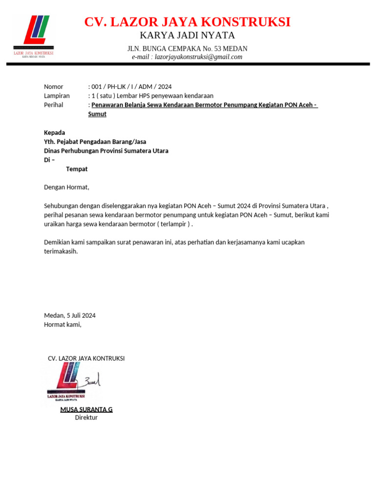 Surat Penawaran Sewa Mobil | PDF