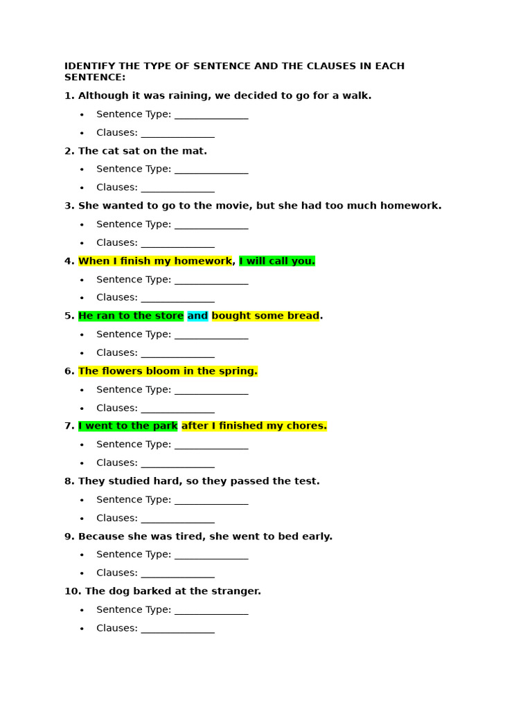 Identify Types of Sentences and Clauses in The Sentence Activity | PDF