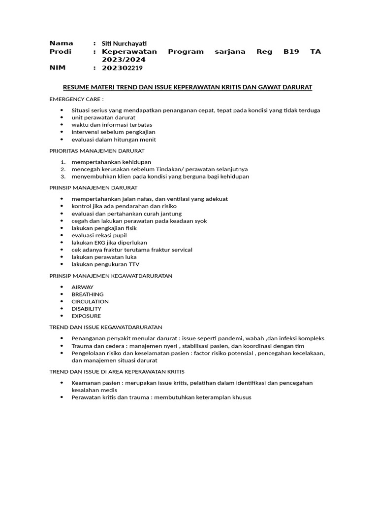 Resume - Kep. Kritis Dan Gadar | PDF